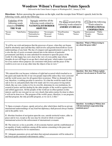 World War I - Woodrow Wilson's 14 Points Speech - Close Reading ...