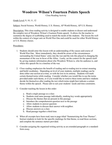 World War I - Woodrow Wilson's 14 Points Speech - Close Reading ...