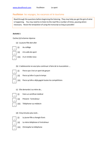 Le sport-3 sets of listening activities AS/A/IB level French with ...