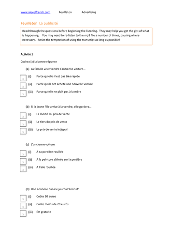 TOPIC-La publicité-3 sets of listening activities AS/A/IB level French ...