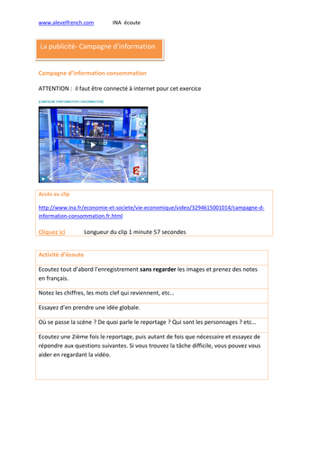 TOPIC-La publicité-3 sets of listening activities AS/A/IB level French ...
