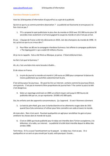 TOPIC-La publicité-3 sets of listening activities AS/A/IB level French ...