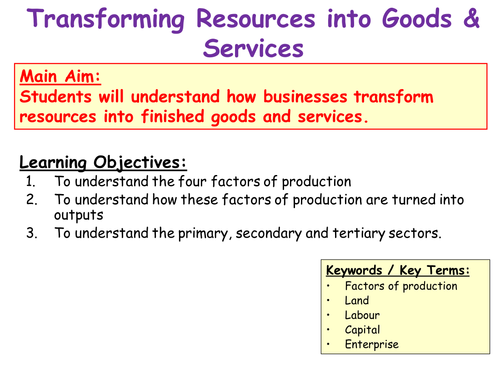Transforming Resources - Factors of Production - Land, Labour, Capital ...