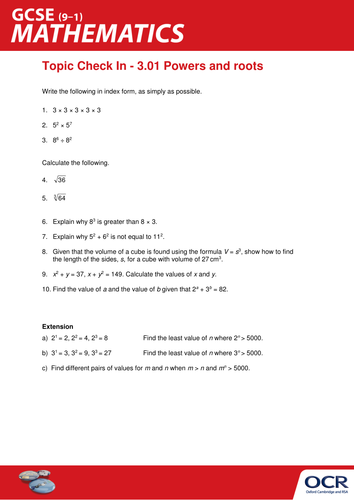 OCR Maths: Initial learning for GCSE - Check In Test 3.01 Powers and ...