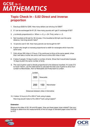 OCR Maths: Initial learning for GCSE - Check In Test 5.02 Direct and ...
