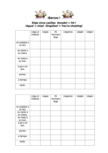Spanish Teaching Resources. Battleships Game/ Lotto Grid: Transport ...