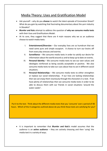 AS Media Studies Theory Handouts | Teaching Resources