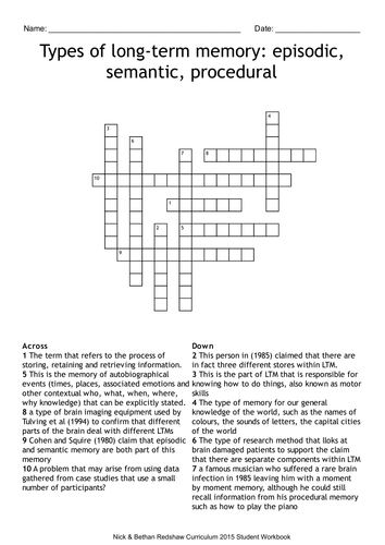Activity - Crossword - Memory - Types of Long Term Memory, episodic ...