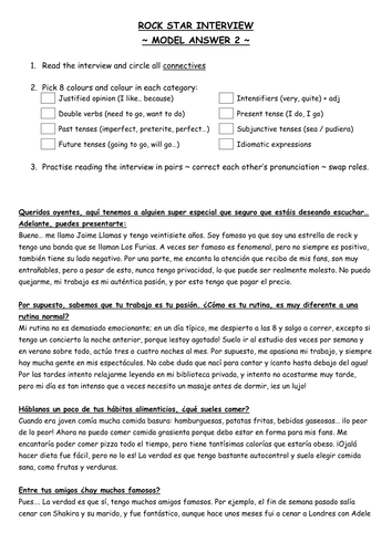 GCSE Healthy Lifestyle Rock Star Interview Writing Or Speaking ~ 20 ...