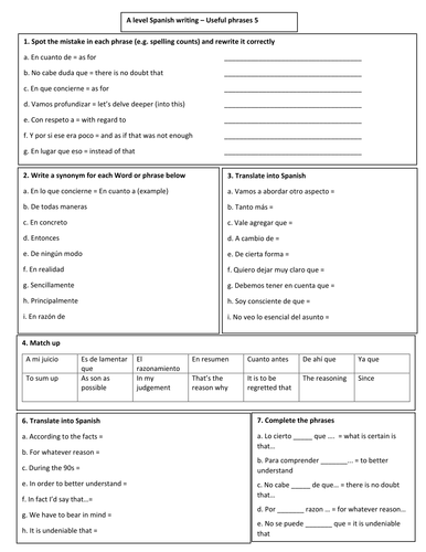 A- Level Spanish Writing - A wide range of phrases and connectives ...