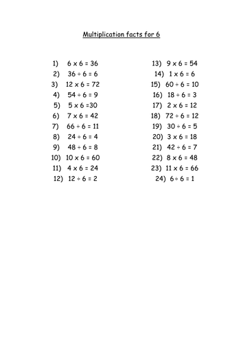 Multiplication facts tests - full set from 2-12 including division ...