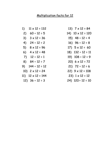 Multiplication facts tests - full set from 2-12 including division ...