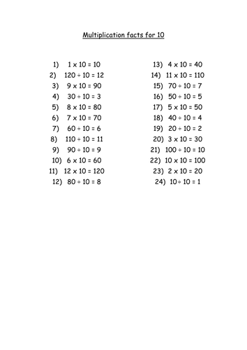 Multiplication facts tests - full set from 2-12 including division ...