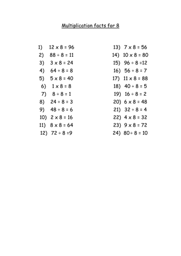Multiplication facts tests - full set from 2-12 including division ...