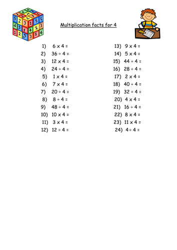 Multiplication facts tests - full set from 2-12 including division ...