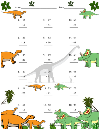 Two Digit Subtraction Worksheets - Dinosaur Themed - Vertical ...