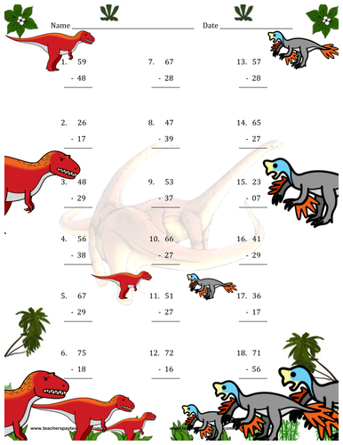 Two Digit Subtraction Worksheets - Dinosaur Themed - Vertical ...