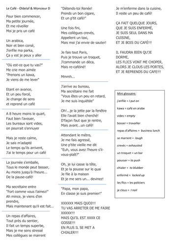Le Cafe - Song - Working environement - Healthy living | Teaching Resources