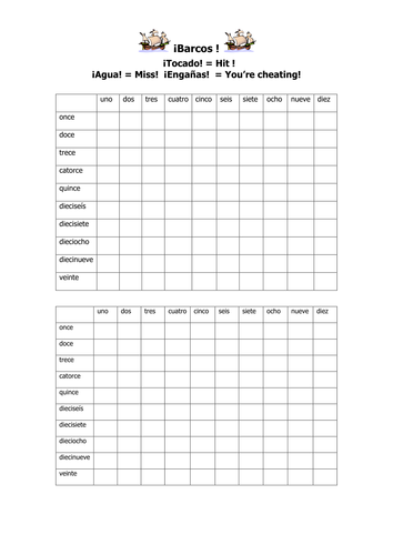 Spanish Teaching Resources. Battleships Game / Lotto Grid Numbers 1-20 ...
