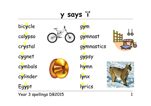 Year 3 spellings: the 'y' says 'i' as in gym, crystal. Presentation and ...