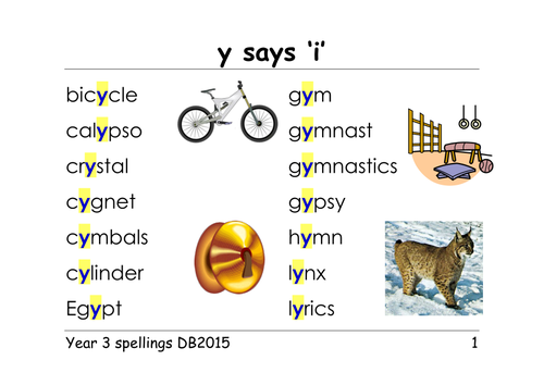 Year 3 spellings: the 'y' says 'i' as in gym, crystal. Presentation and ...