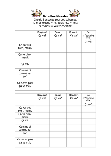 French Teaching Resources. Greetings Worksheet, Battleships Game & Song ...
