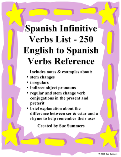 Spanish Verbs Reference - 250 English to Spanish Infinitive Verbs ...