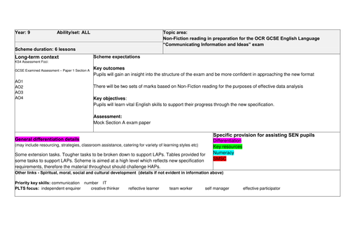 New GCSE English Language 9-1 OCR Scheme of Work Section A ...