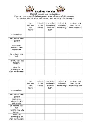 French Teaching Resources. Battleships/ Lotto:Time, school subjects ...