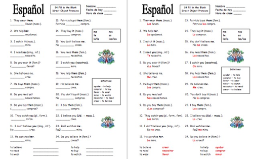 Spanish Direct Object Pronouns Worksheet with AR and ER Verbs ...
