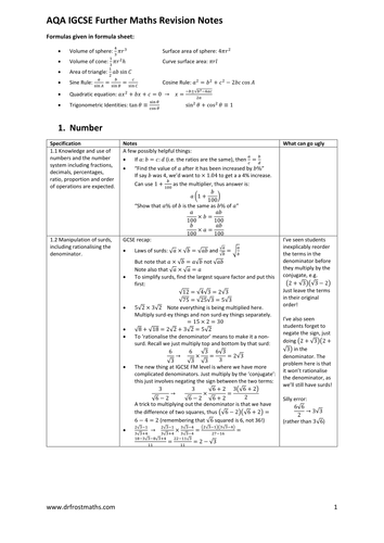 Aqa Igcse Further Maths Revision Notes By Drfrostmaths Uk Teaching Resources Tes