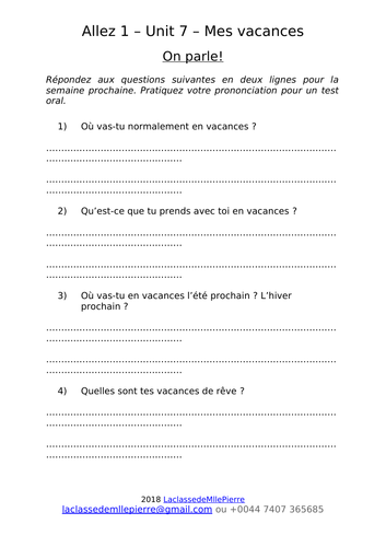 Allez 1 - Unit 7 - Mes vacances de rêve - 7.3 - les vacances - j ...