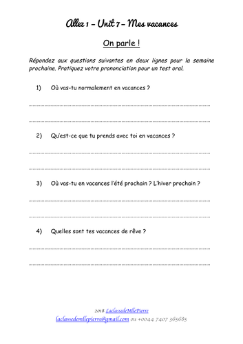 Allez 1 - Unit 7 - Mes vacances de rêve - 7.3 - les vacances - j ...