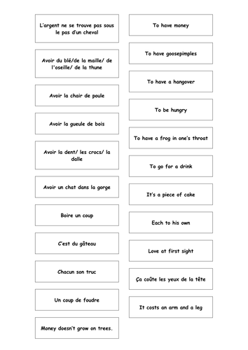 French Teaching Resources. Idiomatic Expressions Matching Cards x 2 ...