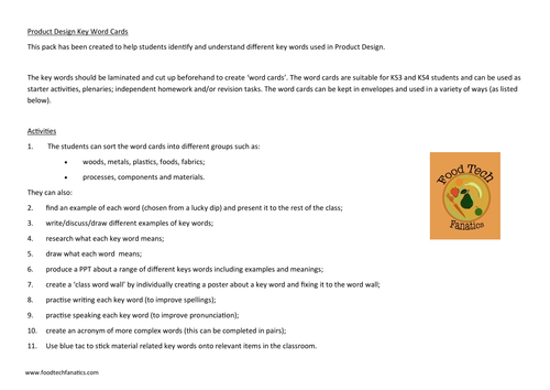 Product Design: Key Words Revision Activity Pack | Teaching Resources