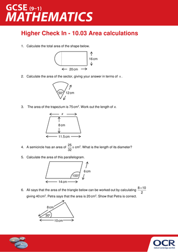 OCR Maths: Higher GCSE - Check In Test 10.03 Area calculations ...