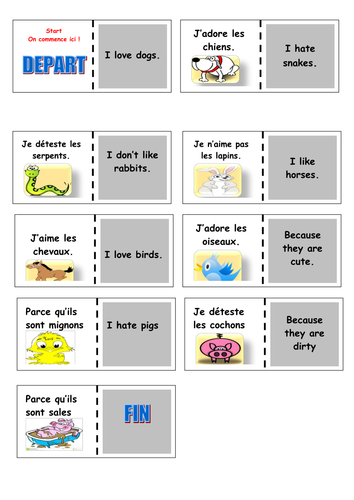 Domino game on animals and opinions phrases in French | Teaching Resources