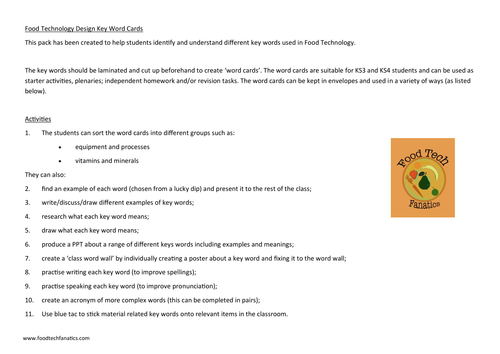 Food Technology: Key Words Revision Activity Pack | Teaching Resources