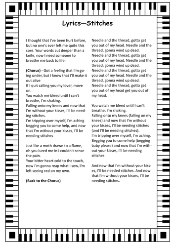 Ukulele and Piano - Shawn Mendes - Stitches | Teaching Resources