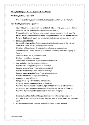 NEW AQA English Language Paper 1: Question 3 Revision | Teaching Resources