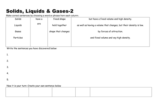 Solids, Liquids and Gases Sentence construction | Teaching Resources