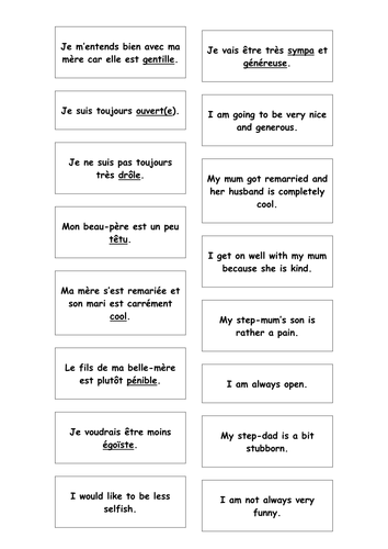 Cards: French - English Adjectives, Family & Relationships Teaching ...