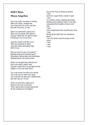 Still I Rise by Maya Angelou | Teaching Resources