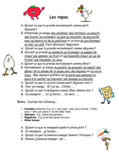 French Teaching Resources: Role Play & Matching Cards: Meals & a Range ...