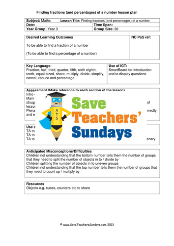 Fractions (and Percentages) of Amounts Worksheets, Lesson Plans, Model ...