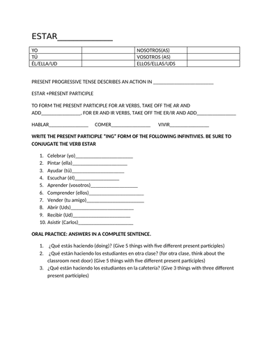 present progressive tense Spanish | Teaching Resources