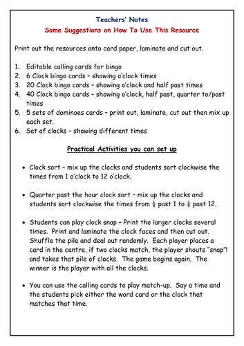 Telling the Time : Clock Bingo, Calling cards, Dominoes (analogue ...
