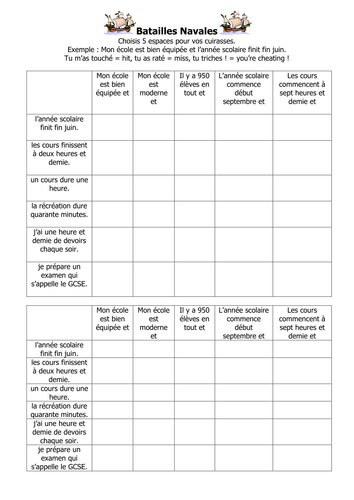 French Teaching Resources Role Play & Battleships: School. Au collège ...