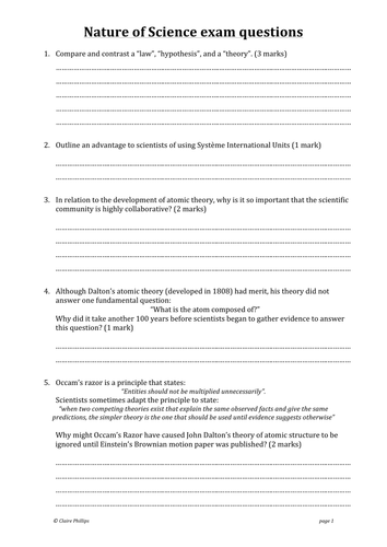 Nature of Science Exam Questions | Teaching Resources