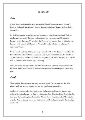 The Tempest - three page summary of the play | Teaching Resources
